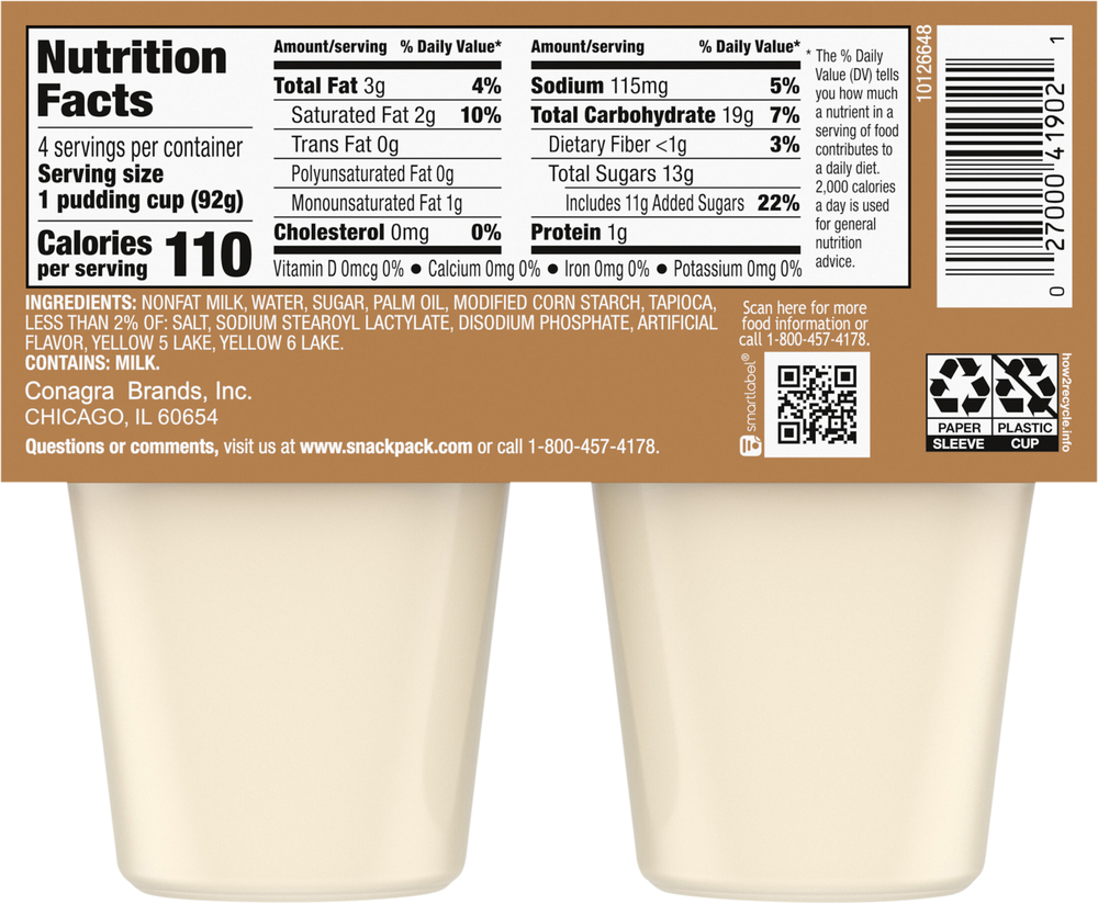 snack pack pudding carbs
